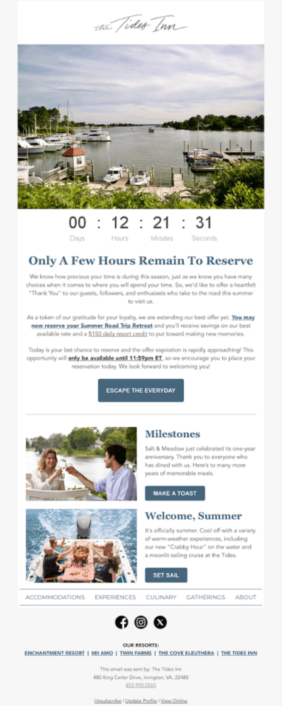 The Tides Inn drives urgency and 300+ room nights with this countdown